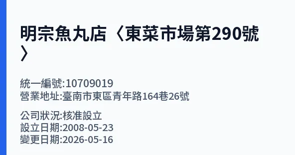 明宗魚丸店〈東菜市場第290號〉的照片-統編 10709019(臺南市) 公司登記資料與營業項目詳細圖表