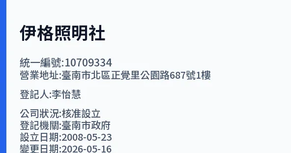 伊格照明社的照片-統編 10709334(臺南市) 公司登記資料與營業項目詳細圖表