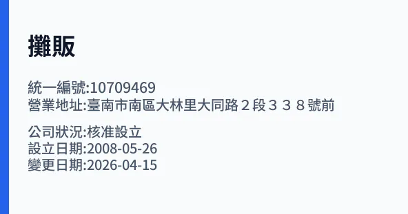 攤販 - 統編 10709469(臺南市) 公司登記資料與營業項目詳細圖表