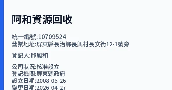阿和資源回收的照片-統編 10709524(屏東縣) 公司登記資料與營業項目詳細圖表