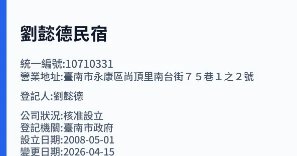 劉懿德民宿的照片-統編 10710331(臺南市) 公司登記資料與營業項目詳細圖表