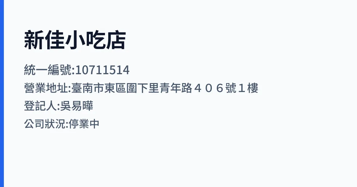 新佳小吃店 - 統編 10711514(臺南市) 公司登記資料與營業項目詳細圖表
