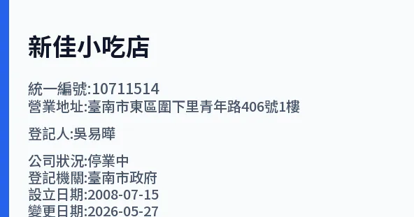 新佳小吃店的照片-統編 10711514(臺南市) 公司登記資料與營業項目詳細圖表