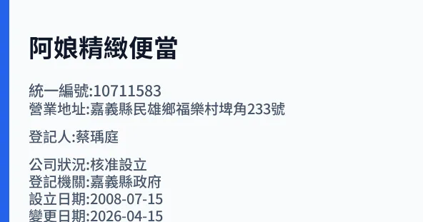阿娘精緻便當的照片-統編 10711583(嘉義縣) 公司登記資料與營業項目詳細圖表