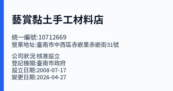 藝賞黏土手工材料店的照片-統編 10712669(臺南市) 公司登記資料與營業項目詳細圖表