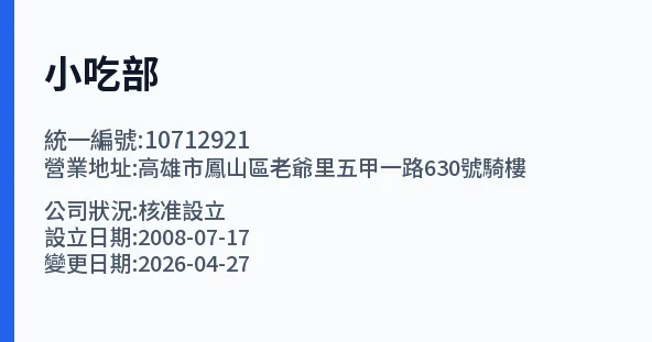 小吃部的照片-統編 10712921(高雄市) 公司登記資料與營業項目詳細圖表
