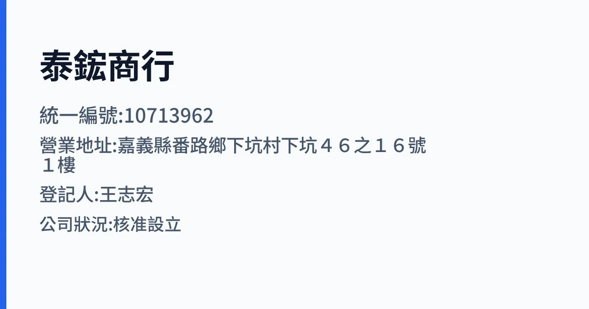 泰鋐商行 - 統編 10713962(嘉義縣) 公司登記資料與營業項目詳細圖表