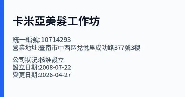 卡米亞美髮工作坊的照片-統編 10714293(臺南市) 公司登記資料與營業項目詳細圖表