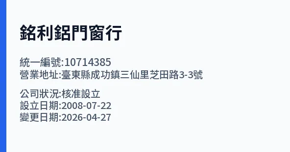 銘利鋁門窗行的照片-統編 10714385(臺東縣) 公司登記資料與營業項目詳細圖表