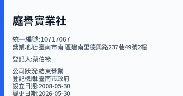 庭譽實業社的照片-統編 10717067(臺南市) 公司登記資料與營業項目詳細圖表
