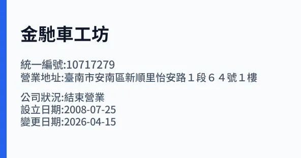 金馳車工坊的照片-統編 10717279(臺南市) 公司登記資料與營業項目詳細圖表