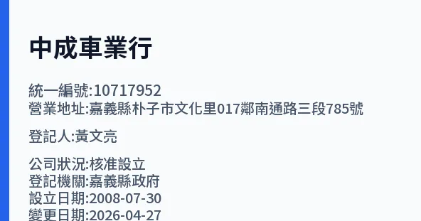 中成車業行的照片-統編 10717952(嘉義縣) 公司登記資料與營業項目詳細圖表