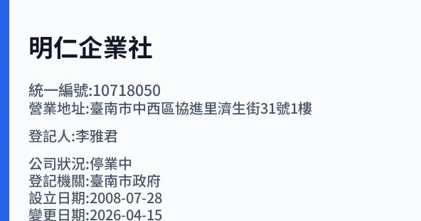 明仁企業社的照片-統編 10718050(臺南市) 公司登記資料與營業項目詳細圖表