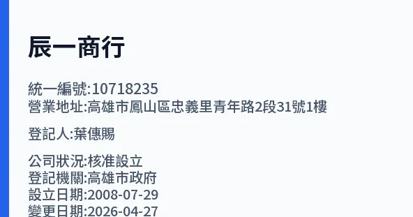辰一商行的照片-統編 10718235(高雄市) 公司登記資料與營業項目詳細圖表
