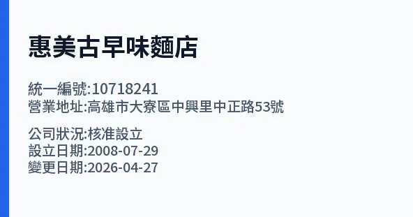 惠美古早味麵店的照片-統編 10718241(高雄市) 公司登記資料與營業項目詳細圖表
