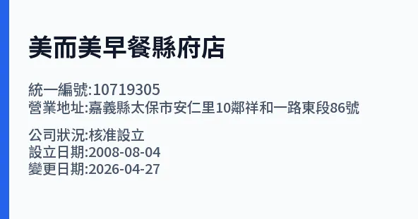 美而美早餐縣府店的照片-統編 10719305(嘉義縣) 公司登記資料與營業項目詳細圖表