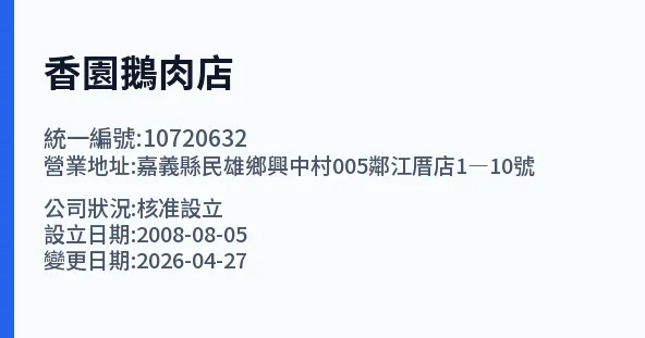 香園鵝肉店的照片-統編 10720632(嘉義縣) 公司登記資料與營業項目詳細圖表