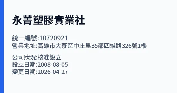 永菁塑膠實業社的照片-統編 10720921(高雄市) 公司登記資料與營業項目詳細圖表