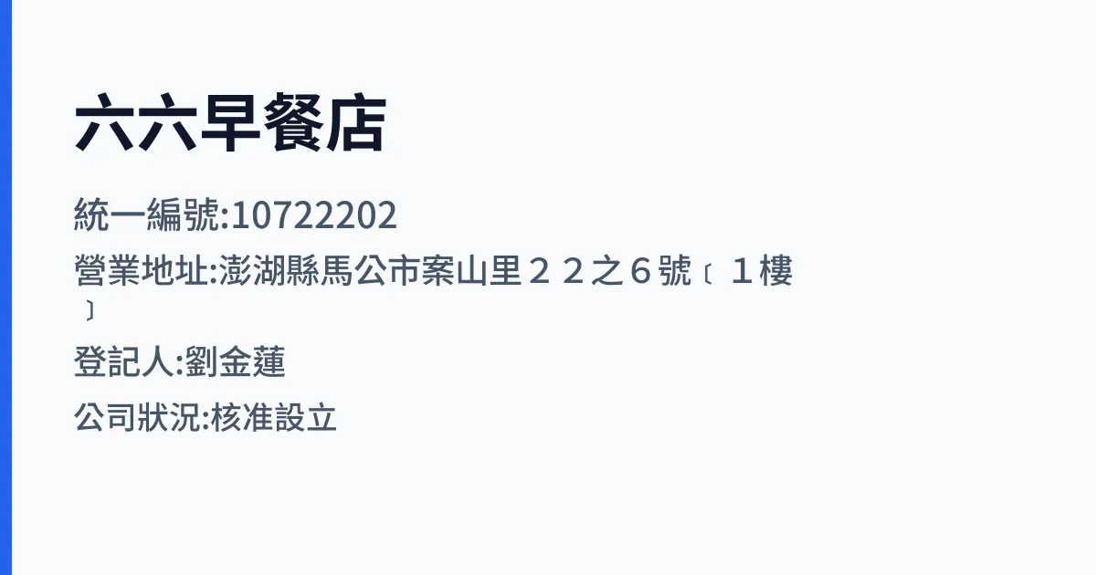 六六早餐店 - 統編 10722202(澎湖縣) 公司登記資料與營業項目詳細圖表