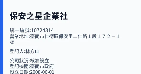 保安之星企業社的照片-統編 10724314(臺南市) 公司登記資料與營業項目詳細圖表