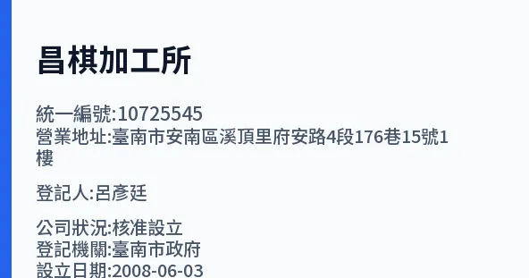 昌棋加工所的照片-統編 10725545(臺南市) 公司登記資料與營業項目詳細圖表
