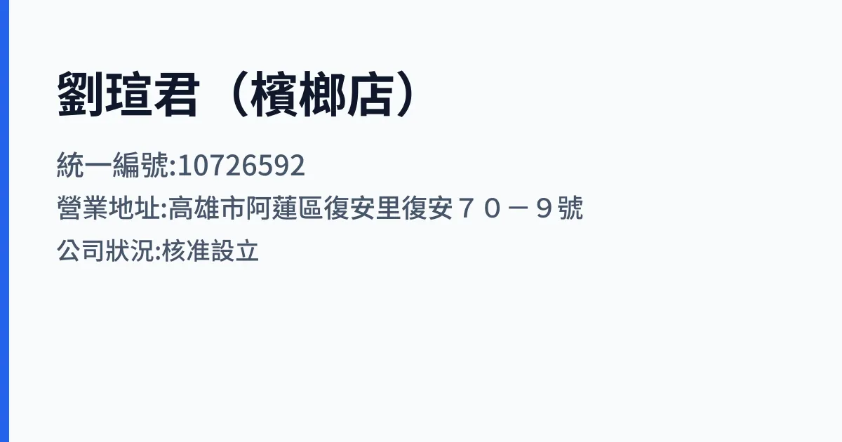 劉瑄君(檳榔店) - 統編 10726592(高雄市) 公司登記資料與營業項目詳細圖表