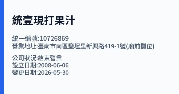 統壹現打果汁的照片-統編 10726869(臺南市) 公司登記資料與營業項目詳細圖表