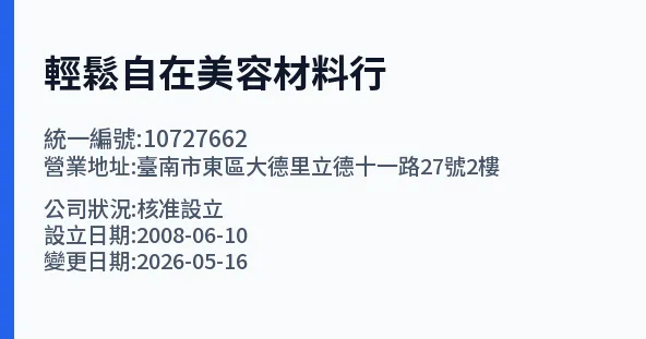 輕鬆自在美容材料行的照片-統編 10727662(臺南市) 公司登記資料與營業項目詳細圖表
