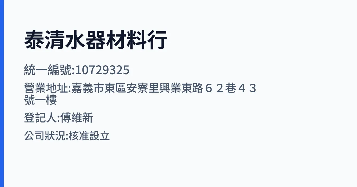 泰清水器材料行 - 統編 10729325(嘉義市) 公司登記資料與營業項目詳細圖表
