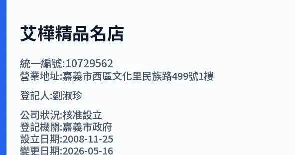 艾樺精品名店的照片-統編 10729562(嘉義市) 公司登記資料與營業項目詳細圖表