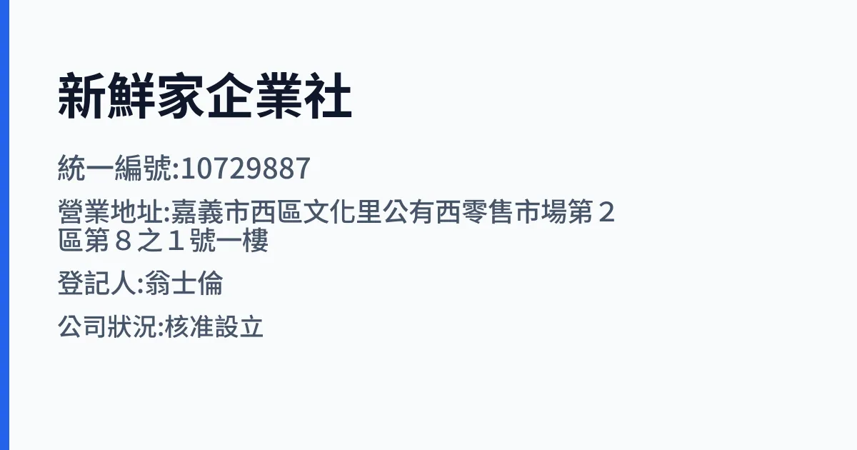 新鮮家企業社 - 統編 10729887(嘉義市) 公司登記資料與營業項目詳細圖表