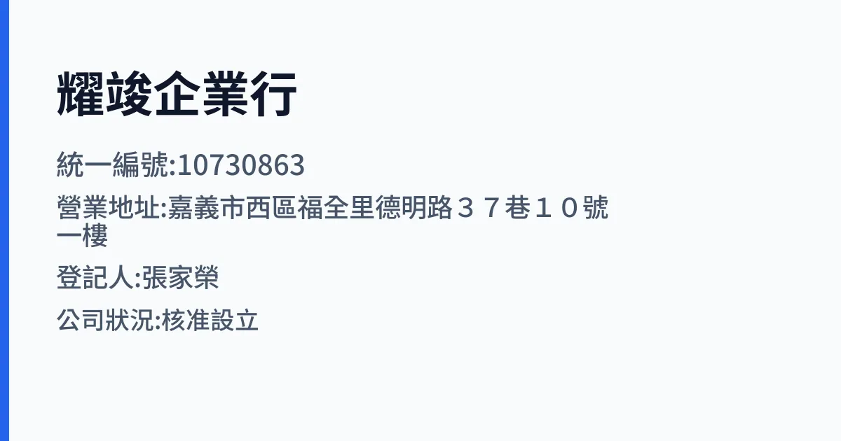 耀竣企業行 - 統編 10730863(嘉義市) 公司登記資料與營業項目詳細圖表