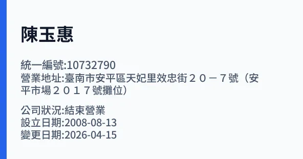 陳玉惠的照片-統編 10732790(臺南市) 公司登記資料與營業項目詳細圖表