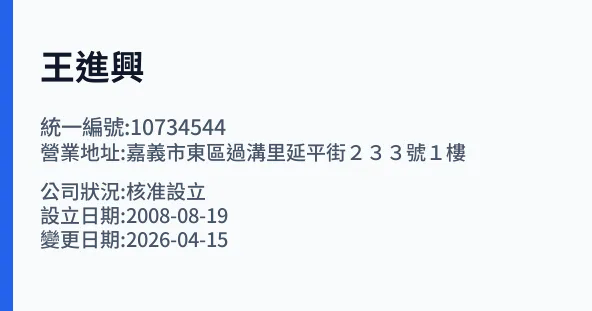 王進興的照片-統編 10734544(嘉義市) 公司登記資料與營業項目詳細圖表
