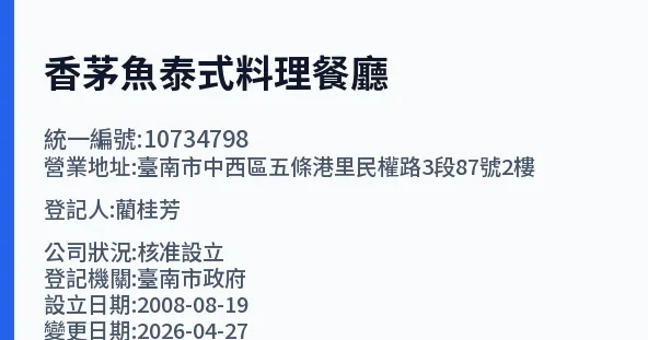 香茅魚泰式料理餐廳的照片-統編 10734798(臺南市) 公司登記資料與營業項目詳細圖表