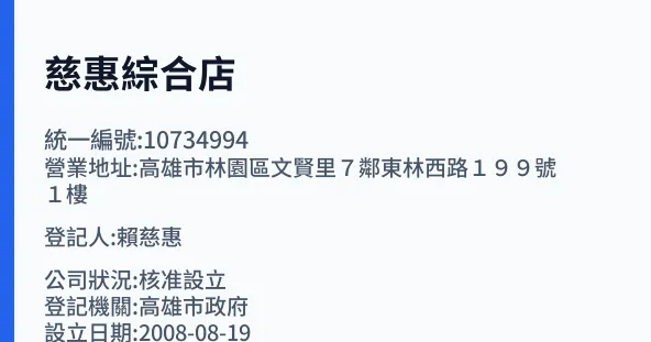 慈惠綜合店的照片-統編 10734994(高雄市) 公司登記資料與營業項目詳細圖表