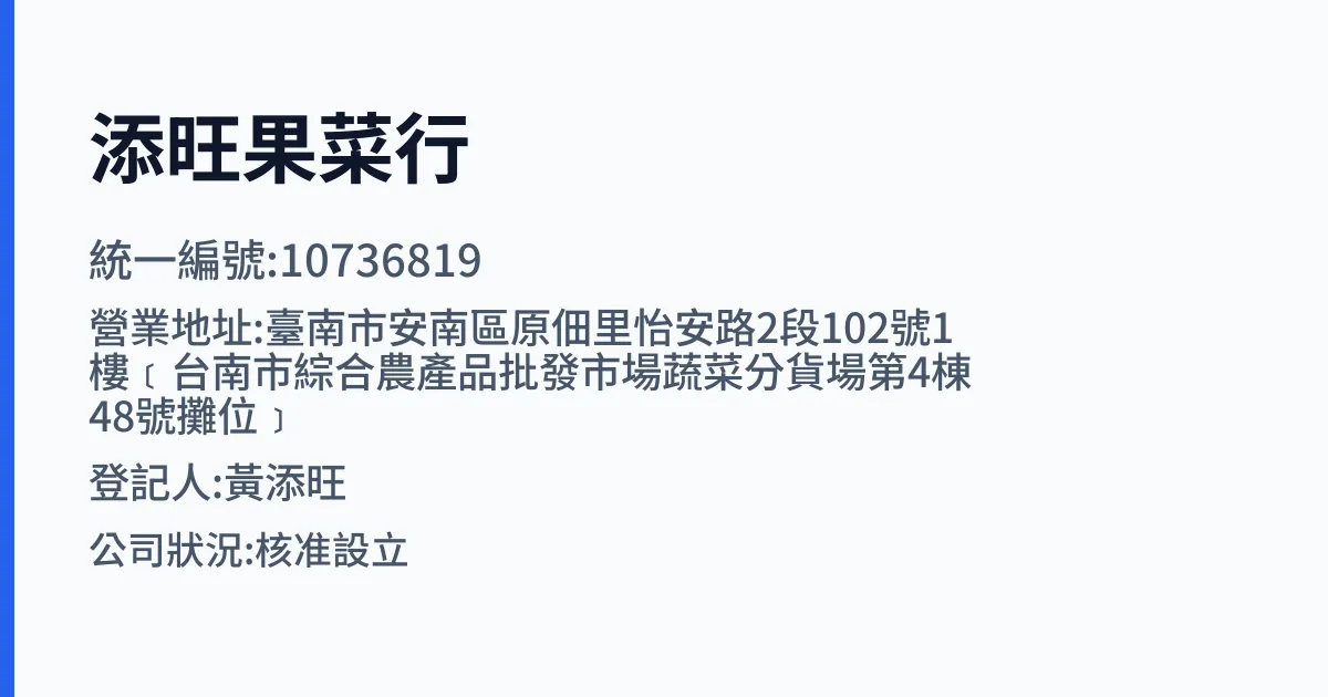 添旺果菜行 - 統編 10736819(臺南市) 公司登記資料與營業項目詳細圖表
