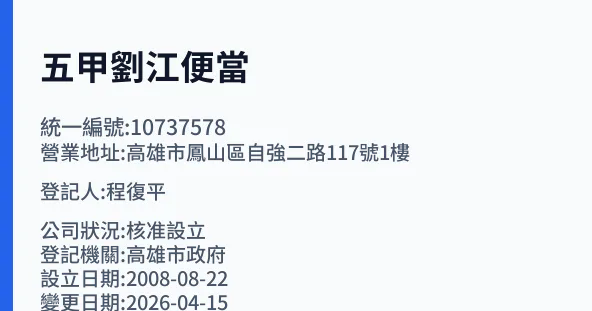 五甲劉江便當的照片-統編 10737578(高雄市) 公司登記資料與營業項目詳細圖表