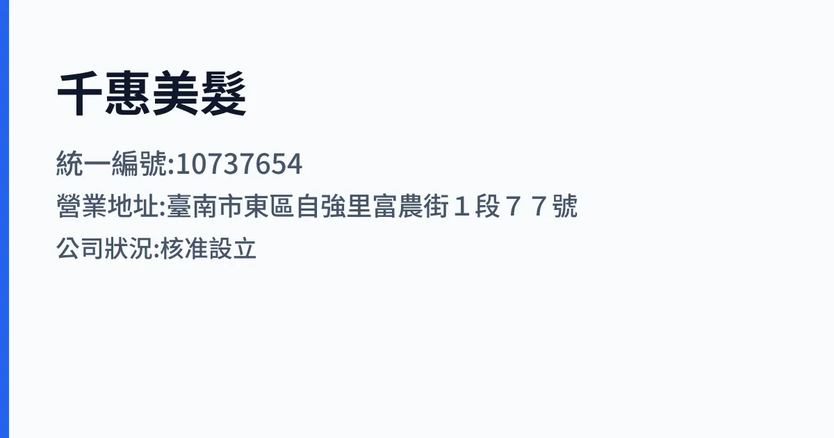 千惠美髮 - 統編 10737654(臺南市) 公司登記資料與營業項目詳細圖表