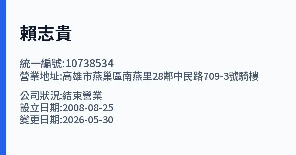 賴志貴的照片-統編 10738534(高雄市) 公司登記資料與營業項目詳細圖表