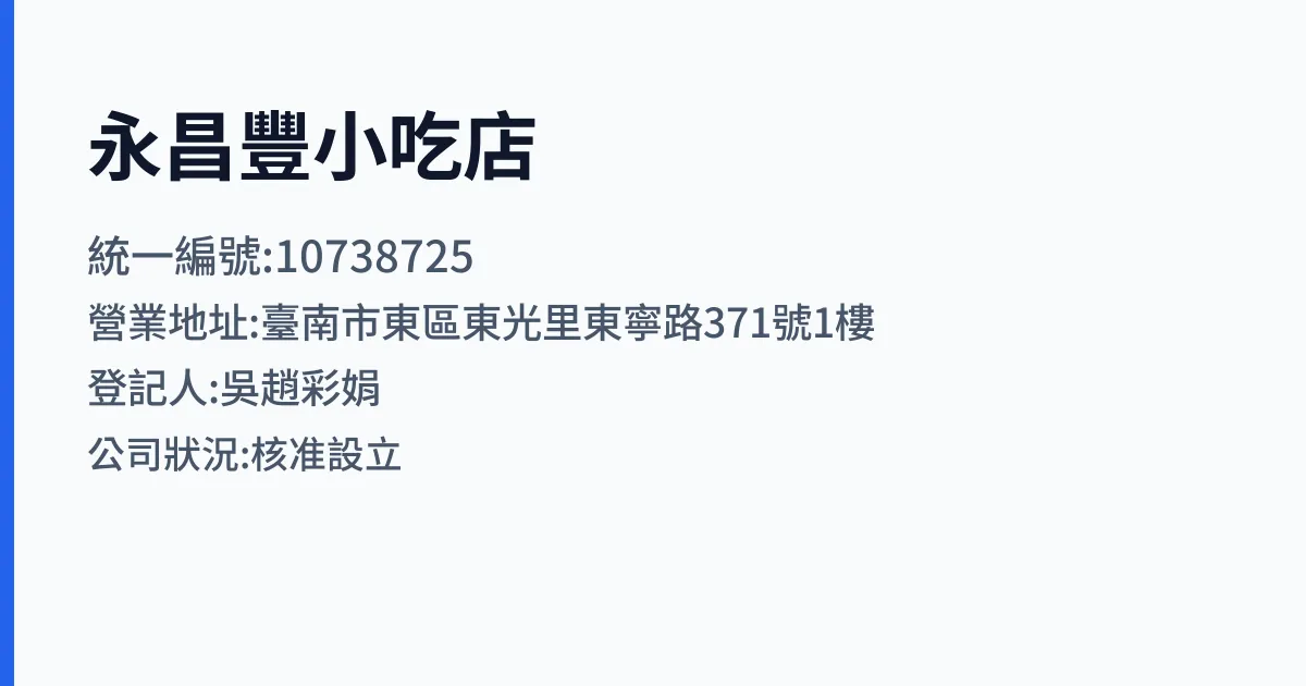 永昌豐小吃店 - 統編 10738725(臺南市) 公司登記資料與營業項目詳細圖表