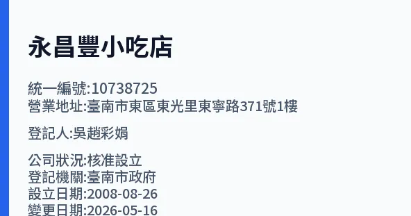 永昌豐小吃店的照片-統編 10738725(臺南市) 公司登記資料與營業項目詳細圖表