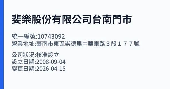 斐樂股份有限公司台南門市的照片-統編 10743092(臺南市) 公司登記資料與營業項目詳細圖表