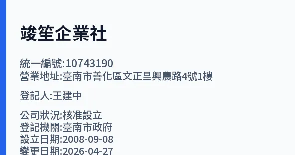 竣笙企業社的照片-統編 10743190(臺南市) 公司登記資料與營業項目詳細圖表
