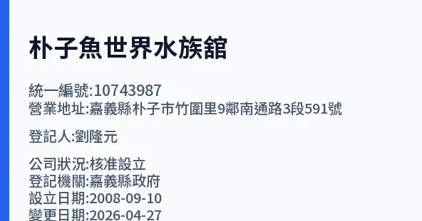 朴子魚世界水族舘的照片-統編 10743987(嘉義縣) 公司登記資料與營業項目詳細圖表