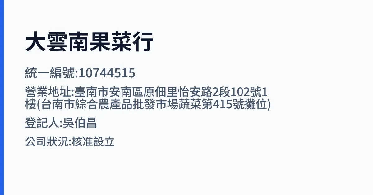 大雲南果菜行 - 統編 10744515(臺南市) 公司登記資料與營業項目詳細圖表