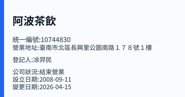 阿波茶飲的照片-統編 10744830(臺南市) 公司登記資料與營業項目詳細圖表