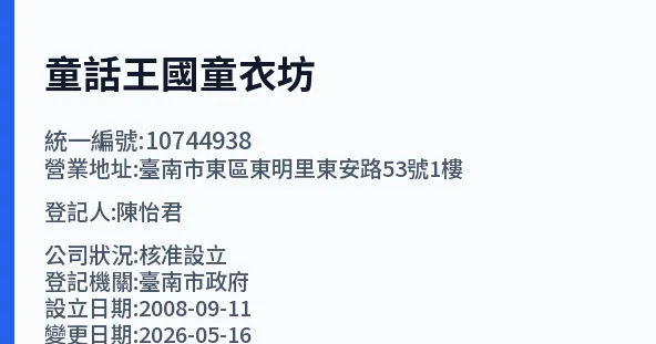 童話王國童衣坊的照片-統編 10744938(臺南市) 公司登記資料與營業項目詳細圖表