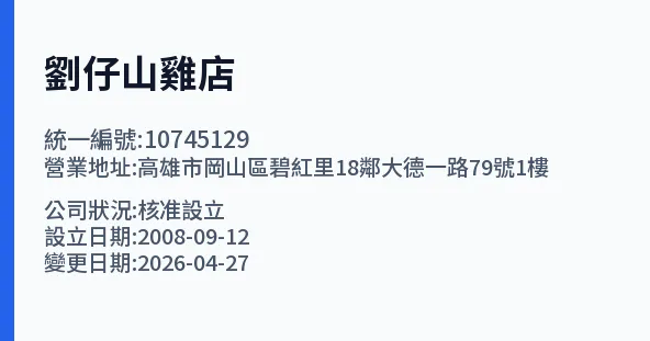 劉仔山雞店的照片-統編 10745129(高雄市) 公司登記資料與營業項目詳細圖表