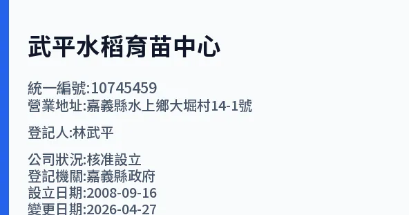 武平水稻育苗中心的照片-統編 10745459(嘉義縣) 公司登記資料與營業項目詳細圖表